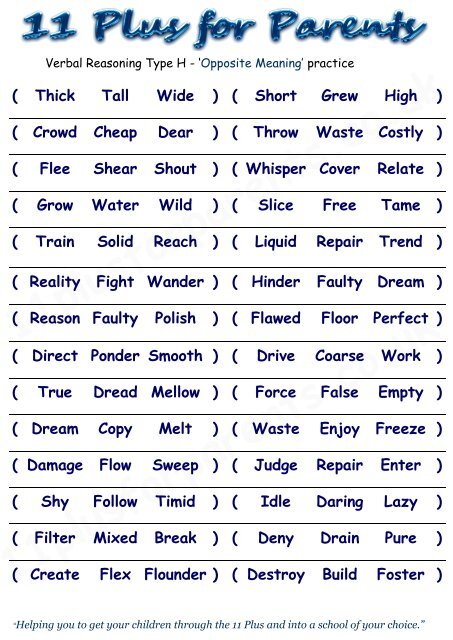 Verbal Reasoning Type H worksheet - Guide for the 11 Plus