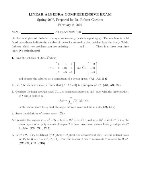 LINEAR ALGEBRA COMPREHENSIVE EXAM Spring 2007 ...
