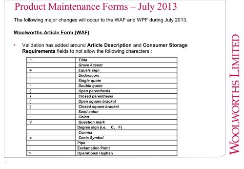Woolworths Article Form (WAF) - Countdown