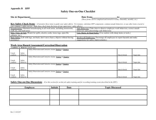 Appendix B for IIPP Safety Checklist