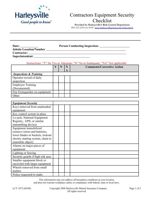Contractors Equipment Security Checklist - Harleysville Insurance