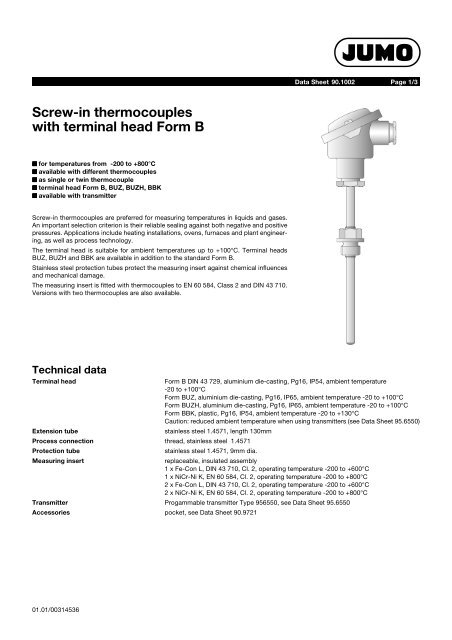 Screw-in thermocouples with terminal head Form B