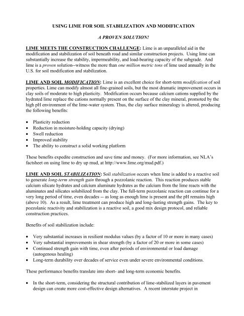 USING LIME FOR SOIL STABILIZATION AND MODIFICATION A ...