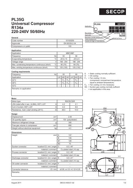 PL35G Universal Compressor R134a 220-240V 50/60Hz