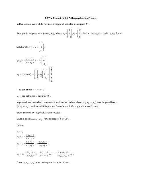 5.6 The Gram-Schmidt Orthogonalization Process In this section, we ...