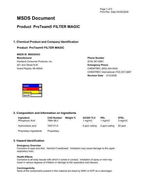 Filter Magic MSDS - ProTeam Pool Care