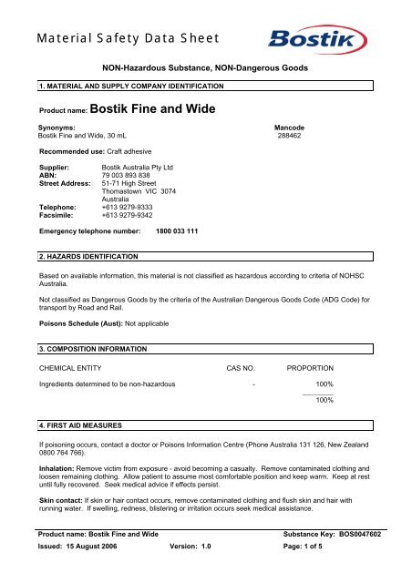 Material Safety Data Sheet Product name: Bostik Fine and Wide