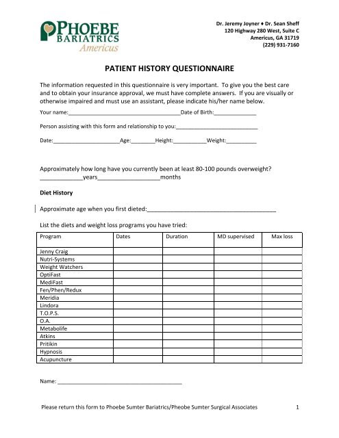 patient history questionnaire - Phoebe Putney Memorial Hospital