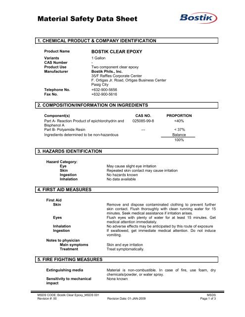 Material Safety Data Sheet - Bostik Philippines Inc.