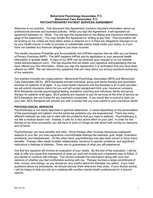 Psychotherapy Patient Agreement Form - Behavioral Psychology ...