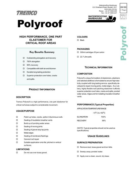 Download: Tremco Polyroof data sheet - Waterproofing Warehouse