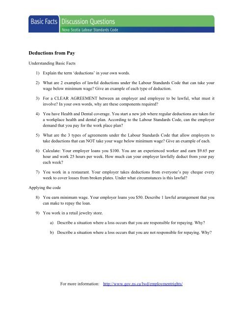Labour Standards Code Basic Fact Sheet Worksheets