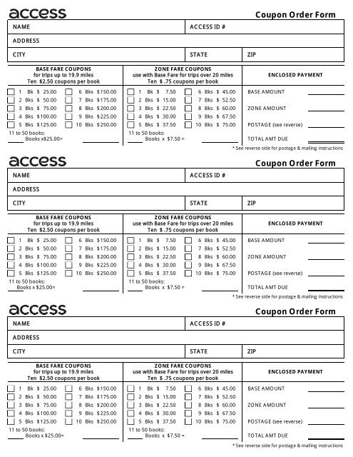 Coupon Order Form Coupon Mail Order Information - Access Services