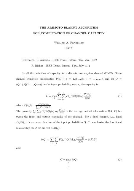 The Arimoto-Blahut Algorithm for Calculation of Channel Capacity
