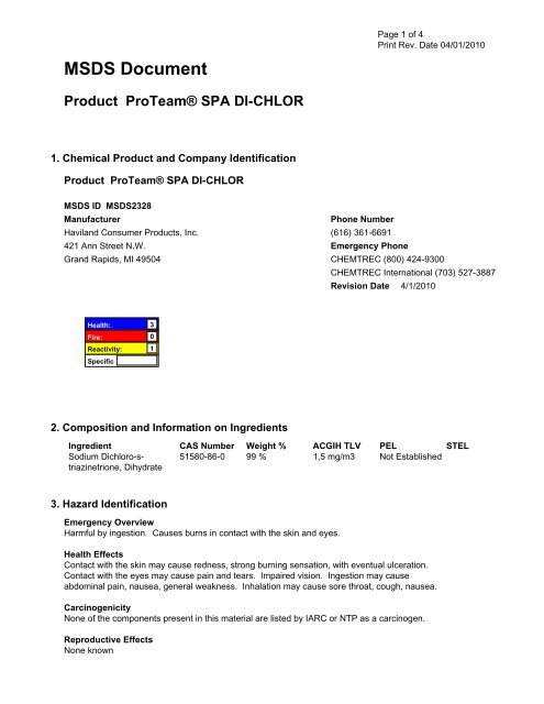 Spa Di-Chlor MSDS - ProTeam Pool Care