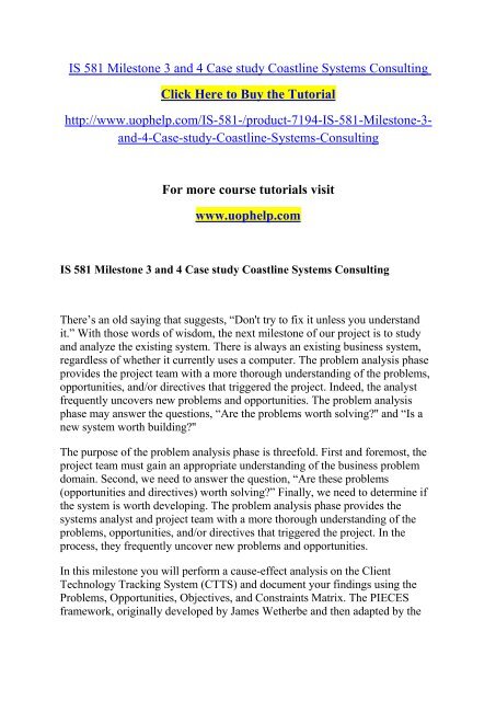 IS 581 Milestone 3 and 4 Case study Coastline Systems Consulting/Uophelp