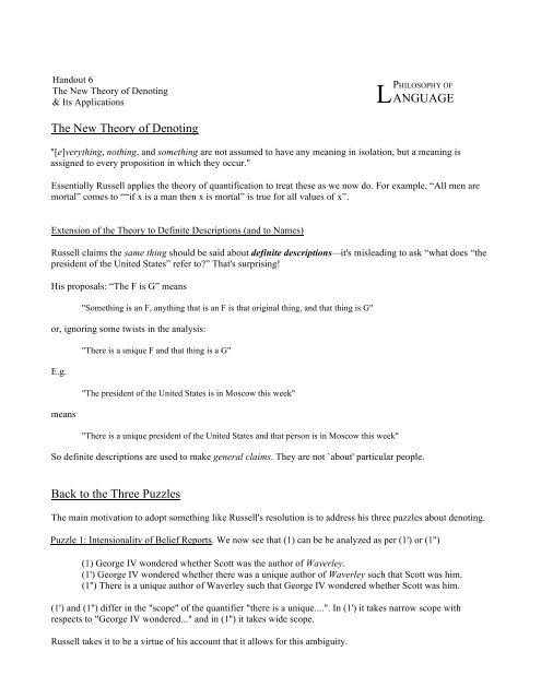 Handout 6, The New Theory of Denoting and Its Applications