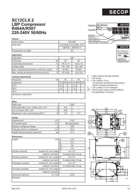 SC12CLX.2 LBP Compressor R404A/R507 220-240V 50 ... - Secop