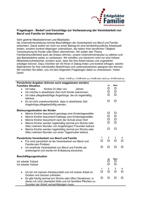 Fragebogen - Bedarf und Vorschläge zur Verbesserung der ... Fragebogen - Bedarf und Vorschläge zur Verbesserung der ...