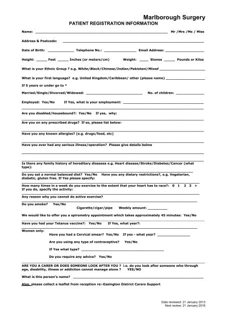 New Patient Questionnaire Form - Marlborough Surgery