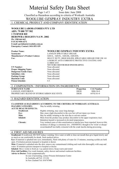 Woolube Ozspray Lanolin Spray - Industry Extra Grade - Firequip