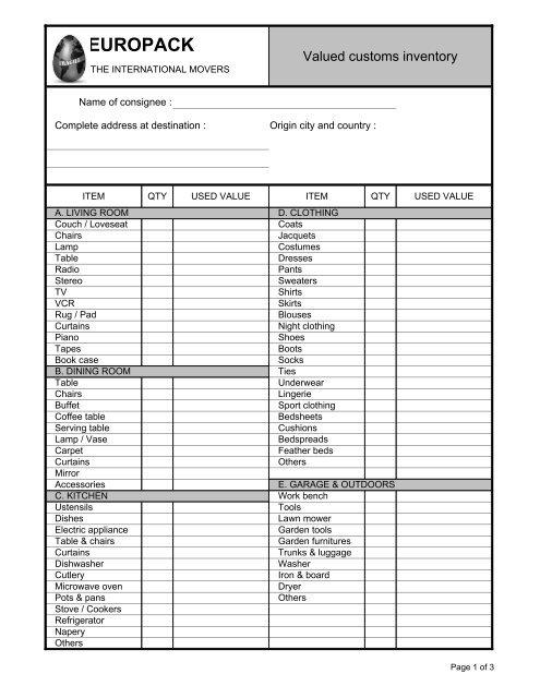 Inventory for customs