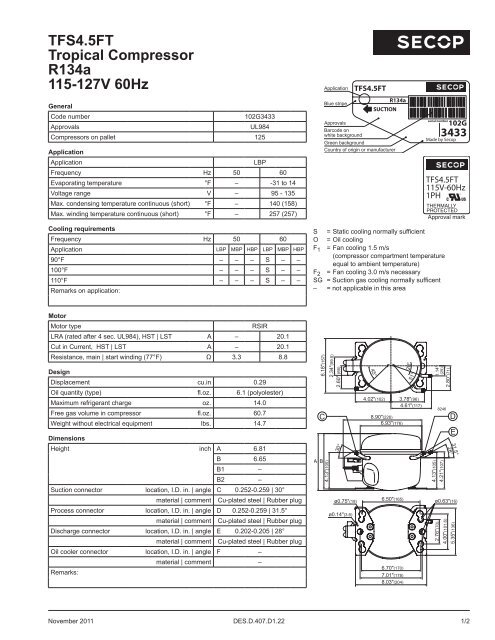 TFS4.5FT tfs45ft_102g3433_r134a_115v_60hz_11 ... - Secop