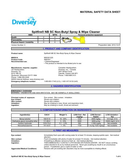 MSDS Diversey Inc Material Safety Data Sheets