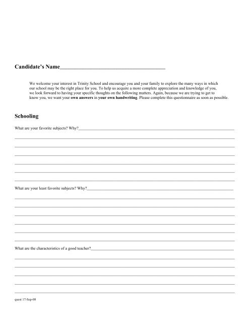 Candidate's Questionnaire - Trinity School