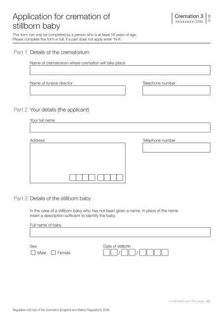 Application for cremation of stillborn baby