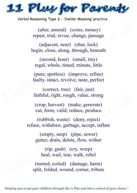 Verbal Reasoning Type S worksheet - Guide for the 11 Plus