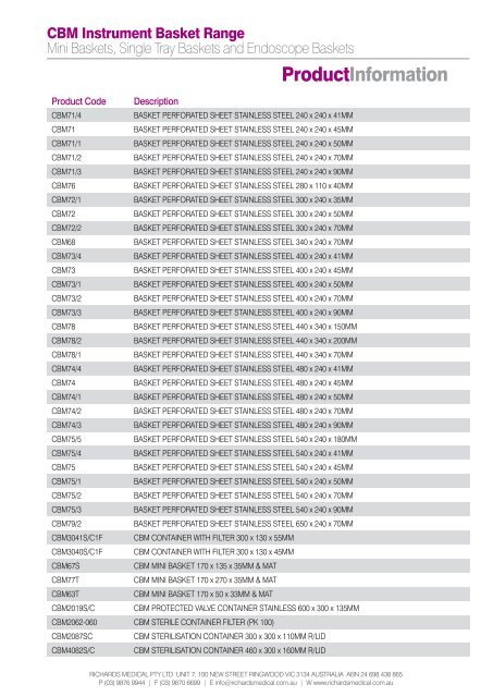 CBM Instrument Baskets & Checklist - Richards Medical