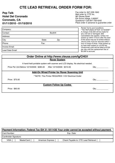 Lead Retrieval Order Form for Pep Talk