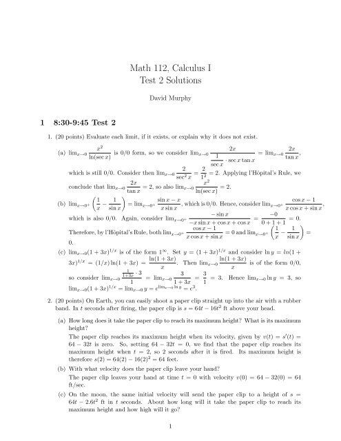 Math 112, Calculus I Test 2 Solutions