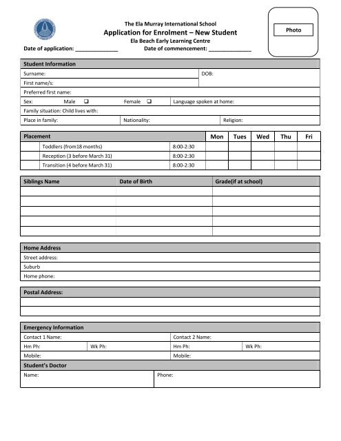 Application for Enrolment â New Student - The Ela Murray ...