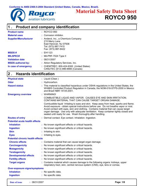 Material Safety Data Sheet ROYCO 950 - ChemCenters