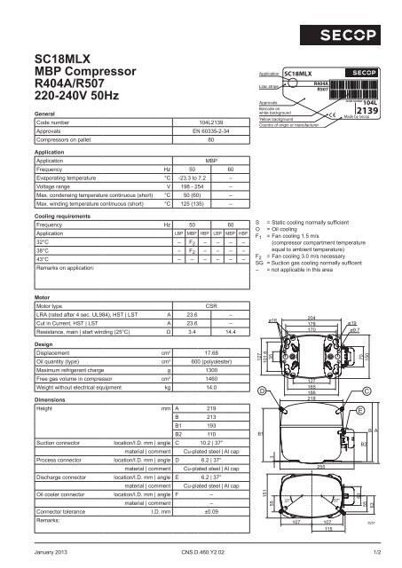 SC18MLX MBP Compressor R404A/R507 220-240V 50Hz - Secop