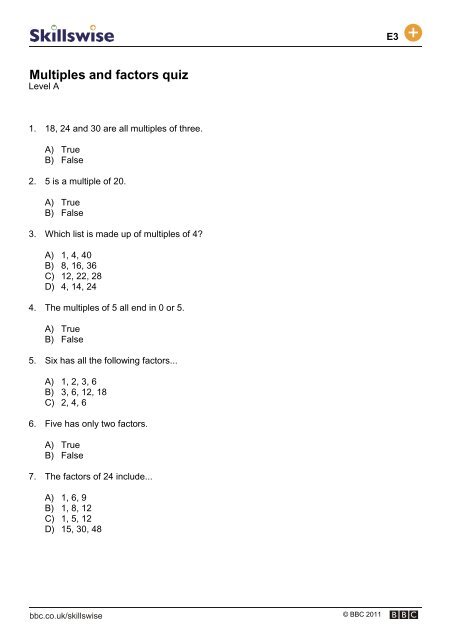 Factors and Multiples Quiz - Guide for the 11 Plus