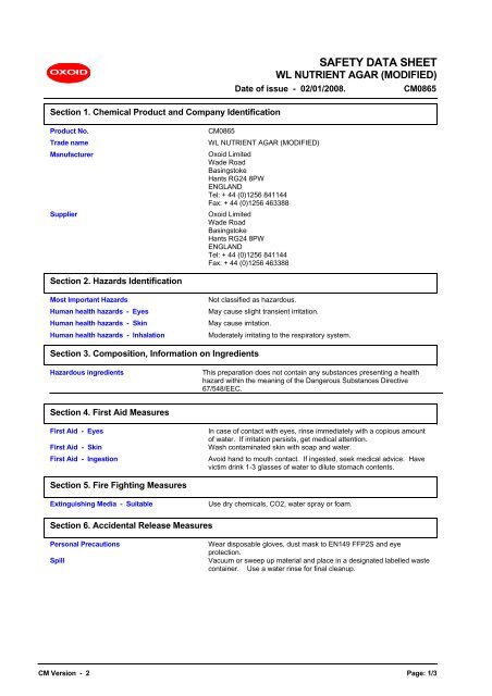 5725 WL NUTRIENT AGAR (MODIFIED) (English (GB)) MSDS - Oxoid