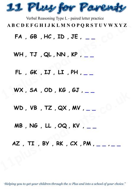 Verbal Reasoning Type L paired letter worksheet - Guide for the 11 ...