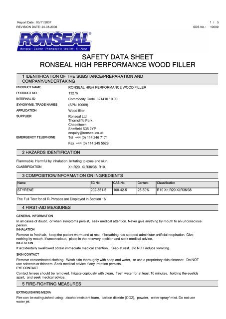 safety data sheet ronseal high performance wood filler - Toolbank