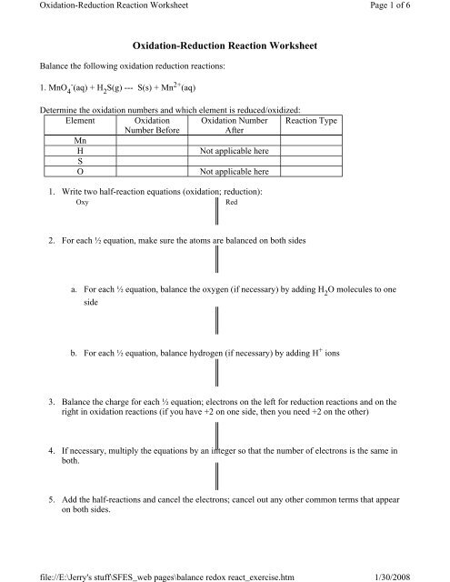 Oxidation Reduction Worksheet