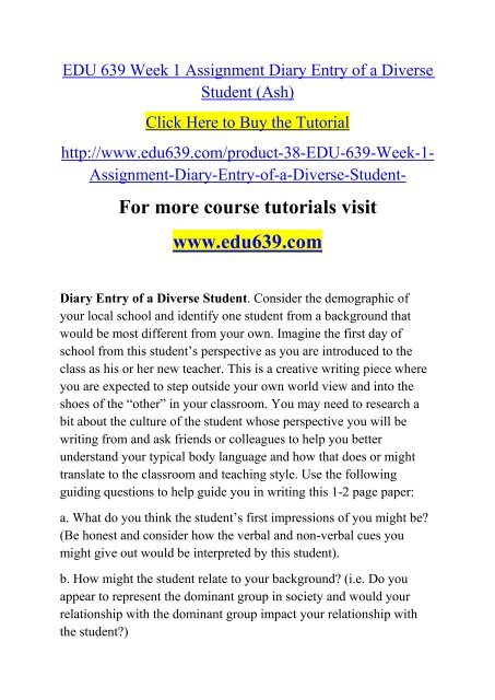 EDU 639 Week 1 Assignment Diary Entry of a Diverse Student (Ash)