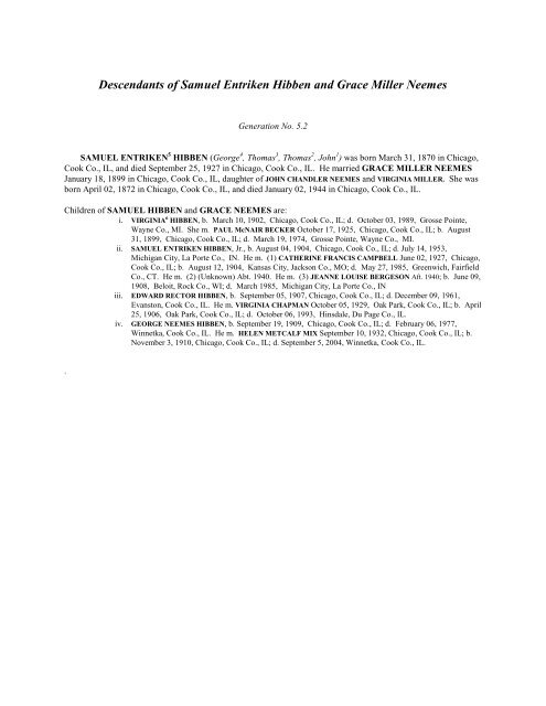 Descendants of Samuel Entriken Hibben and Grace Miller Neemes