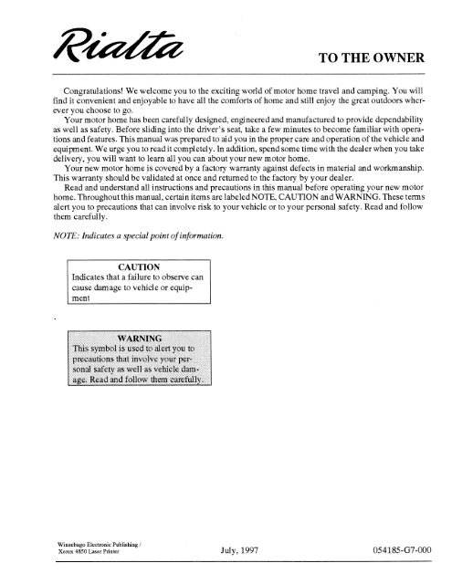 /?M/% To THE OWNER - Winnebago Rialta Motor Home