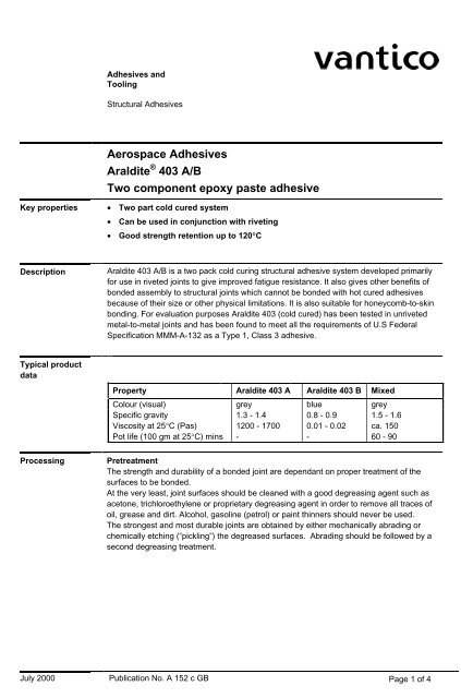 Aerospace Adhesives Araldite 403 A/B Two component epoxy paste ...