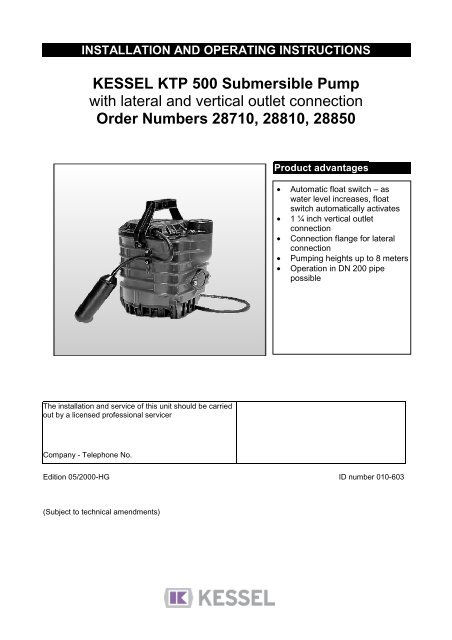 KESSEL KTP 500 Submersible Pump with lateral and vertical outlet ...