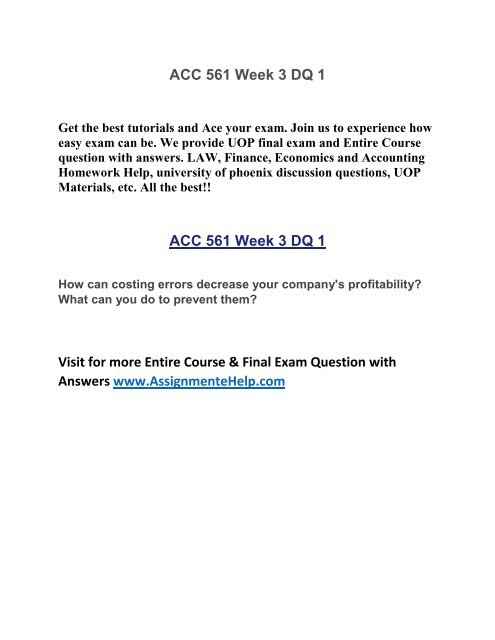 ACC 561 Week 3 DQ 1 UOP HomeWork Tutorial ACC 561 Week 3 DQ 1 UOP HomeWork Tutorial