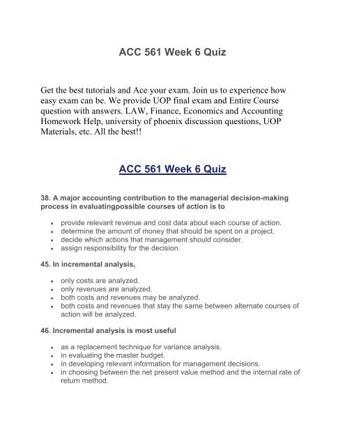ACC 561 Week 6 Quiz UOP HomeWork Tutorial ACC 561 Week 6 Quiz UOP HomeWork Tutorial