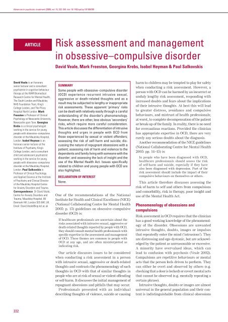 Risk assessment and management in obsessive ... - Dr David Veale